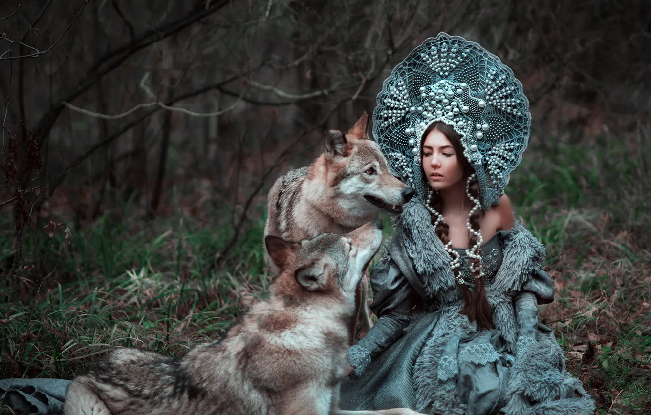 Wallpaper forest, girl, beauty, wolves, Xenia, kokoshnik, Maria Lipina ...