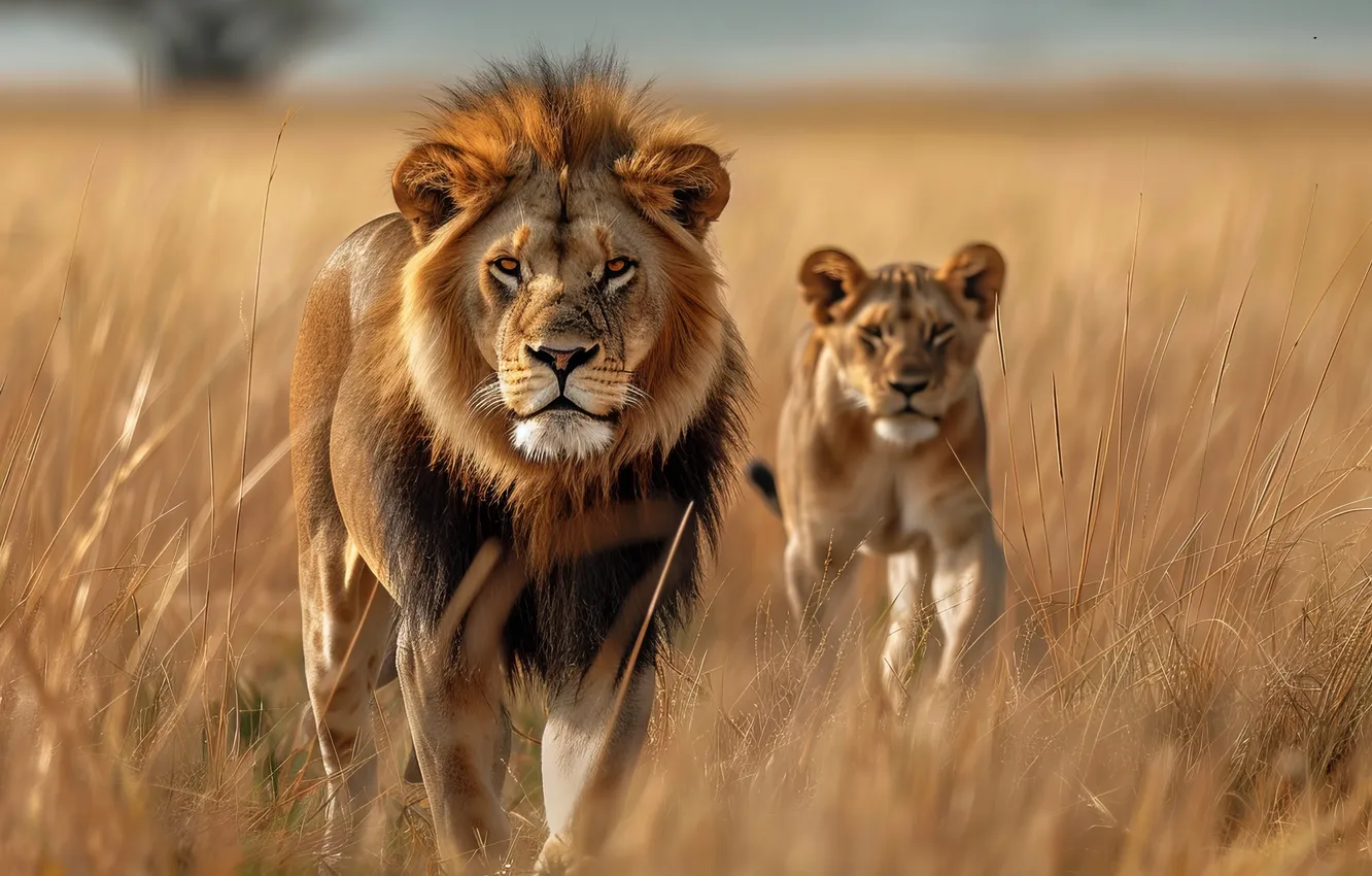 Wallpaper Grass, Look, Two, Lions, Digital art, Predators, Big Cats, AI ...