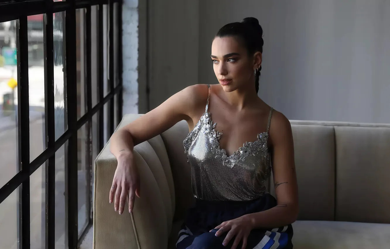 Wallpaper look, girl, light, pose, sofa, tattoo, blouse, Dua Lipa for ...