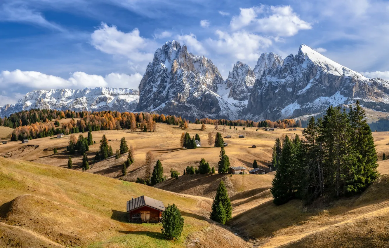 Wallpaper autumn, mountains, Alps, Italy, house, The Alpe di Siusi ...