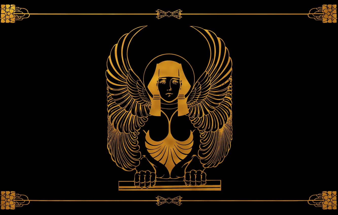 Wallpaper style, gold, black background, vintage, vintage, Sphinx ...