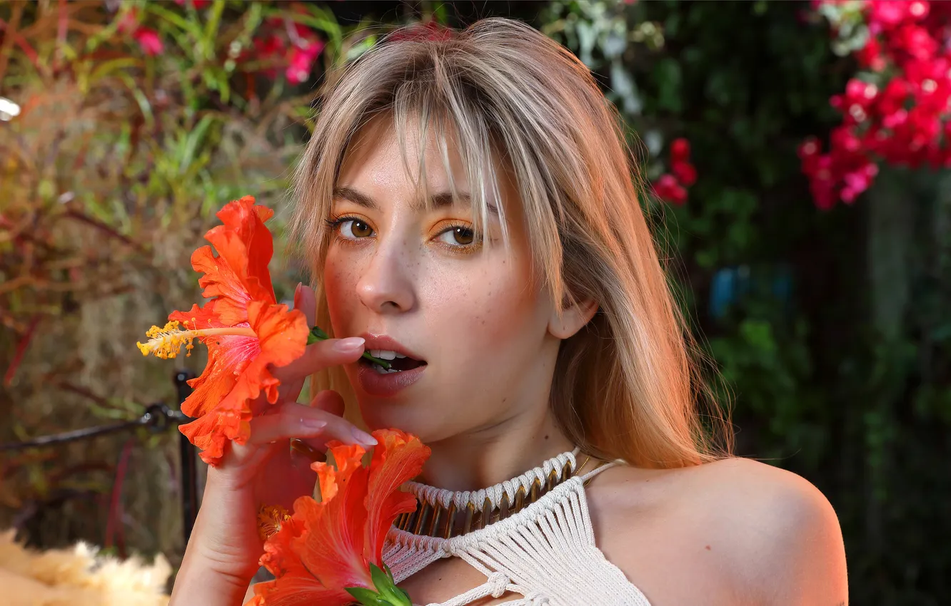Wallpaper flowers, model, gorgeous, posing, closeup, beautiful face ...