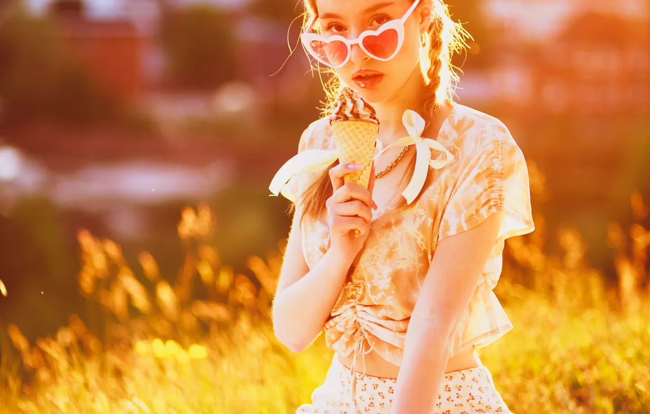 Wallpaper girl, pose, glasses, ice cream, braids, Evgeny Bulatov, Julia ...