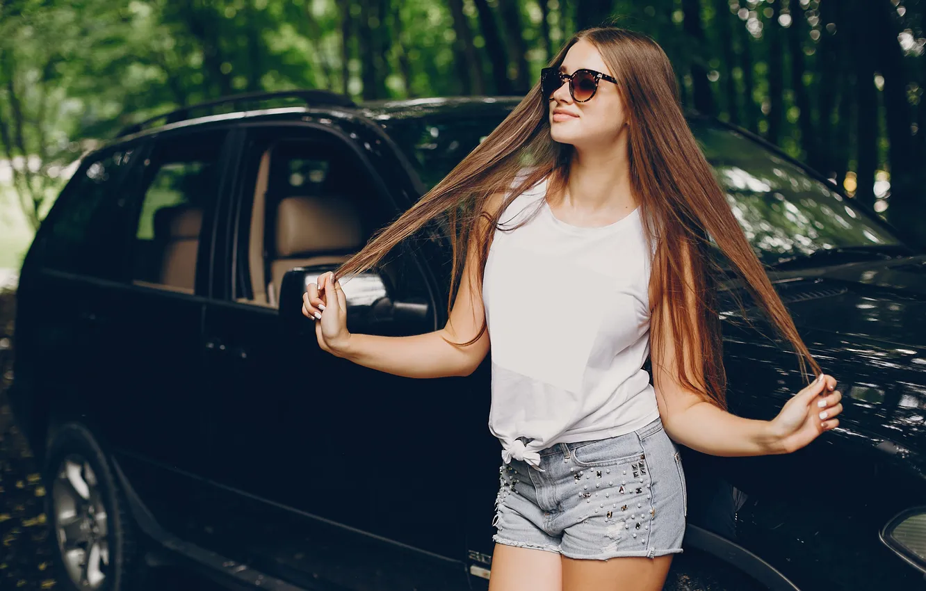 Wallpaper car, girl, shorts, beautiful, glasses, cute for mobile and ...