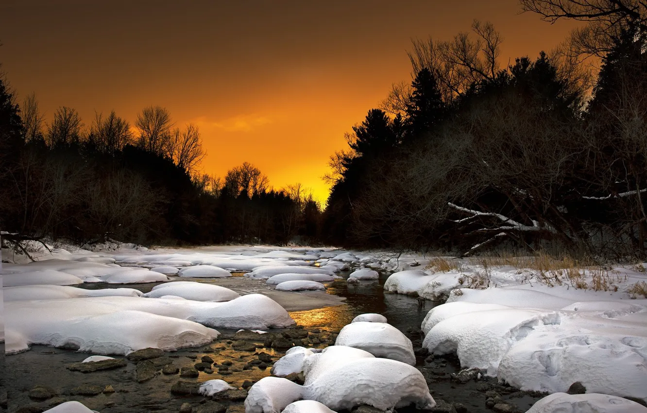 Wallpaper forest, snow, sunset, river, stream, the evening for mobile ...