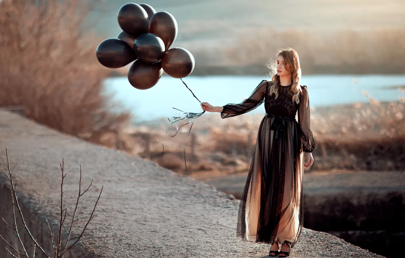 Wallpaper road, girl, balls, nature, pose, balloons, balls, shore for ...