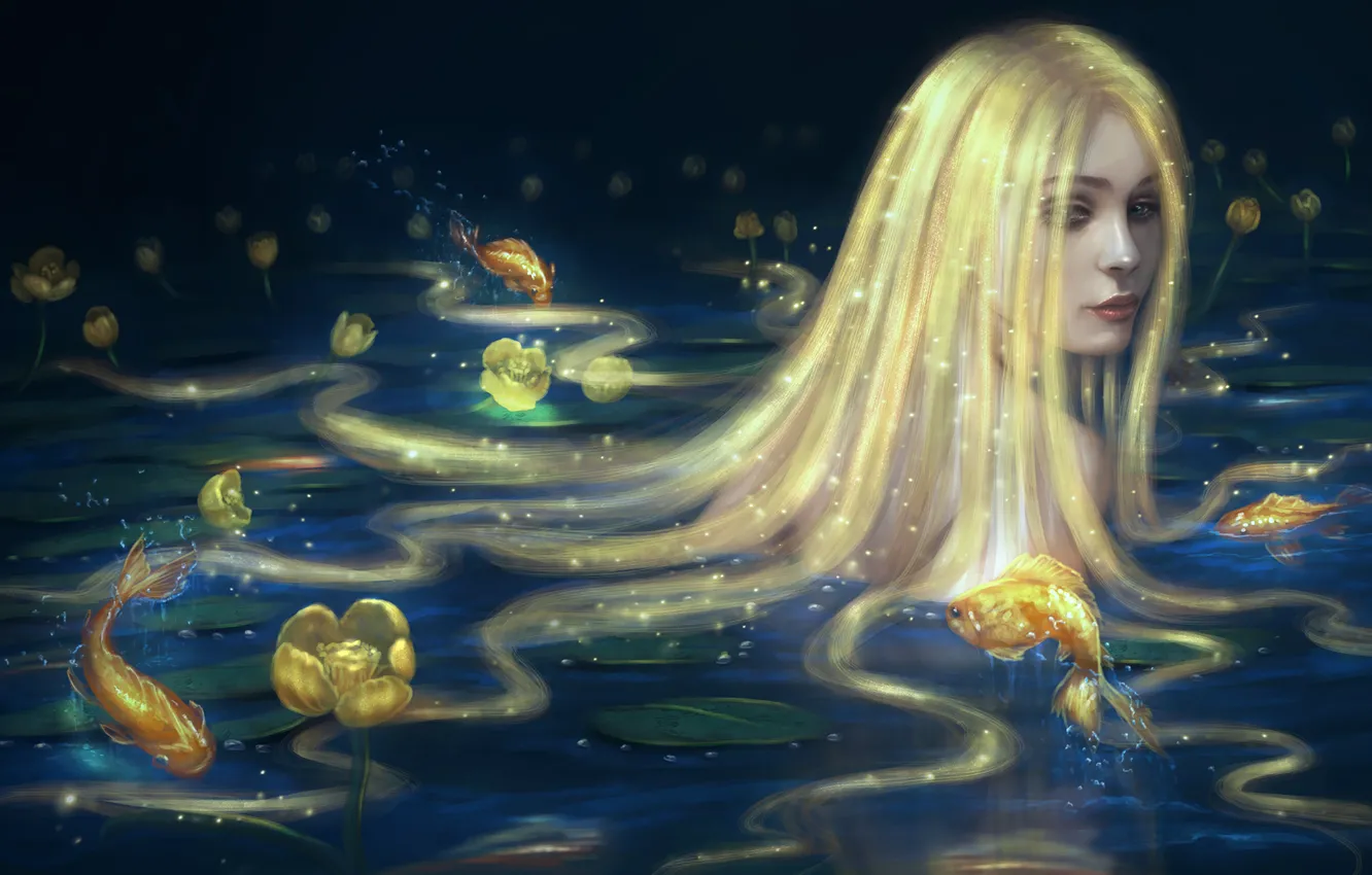 Wallpaper look, water, girl, fish, mermaid, art, long hair, gold images ...