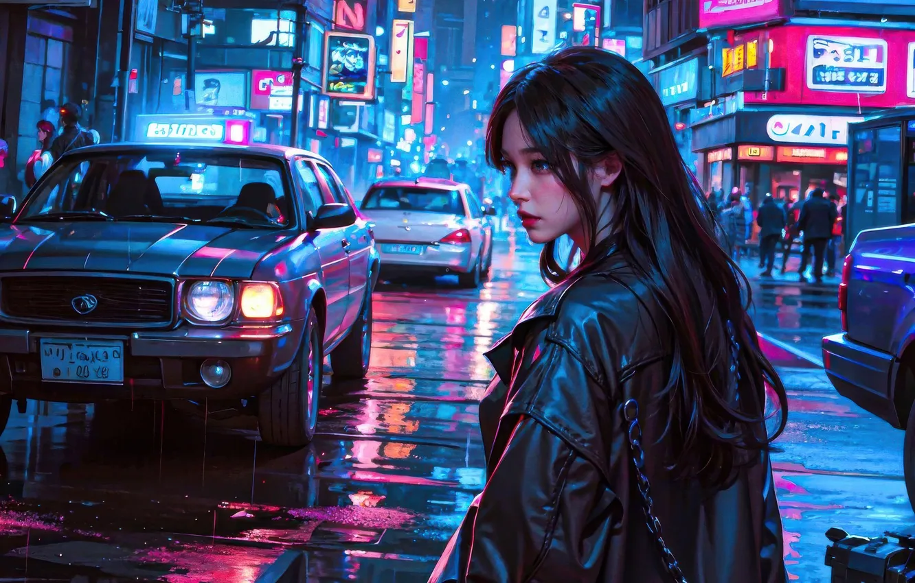 Wallpaper city, girl, night, brunette, AI Art for mobile and desktop ...
