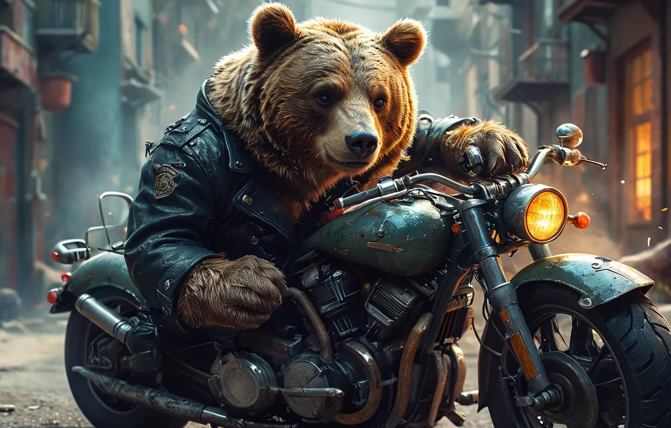 Wallpaper the city, bear, motorcycle, brown bear for mobile and desktop ...