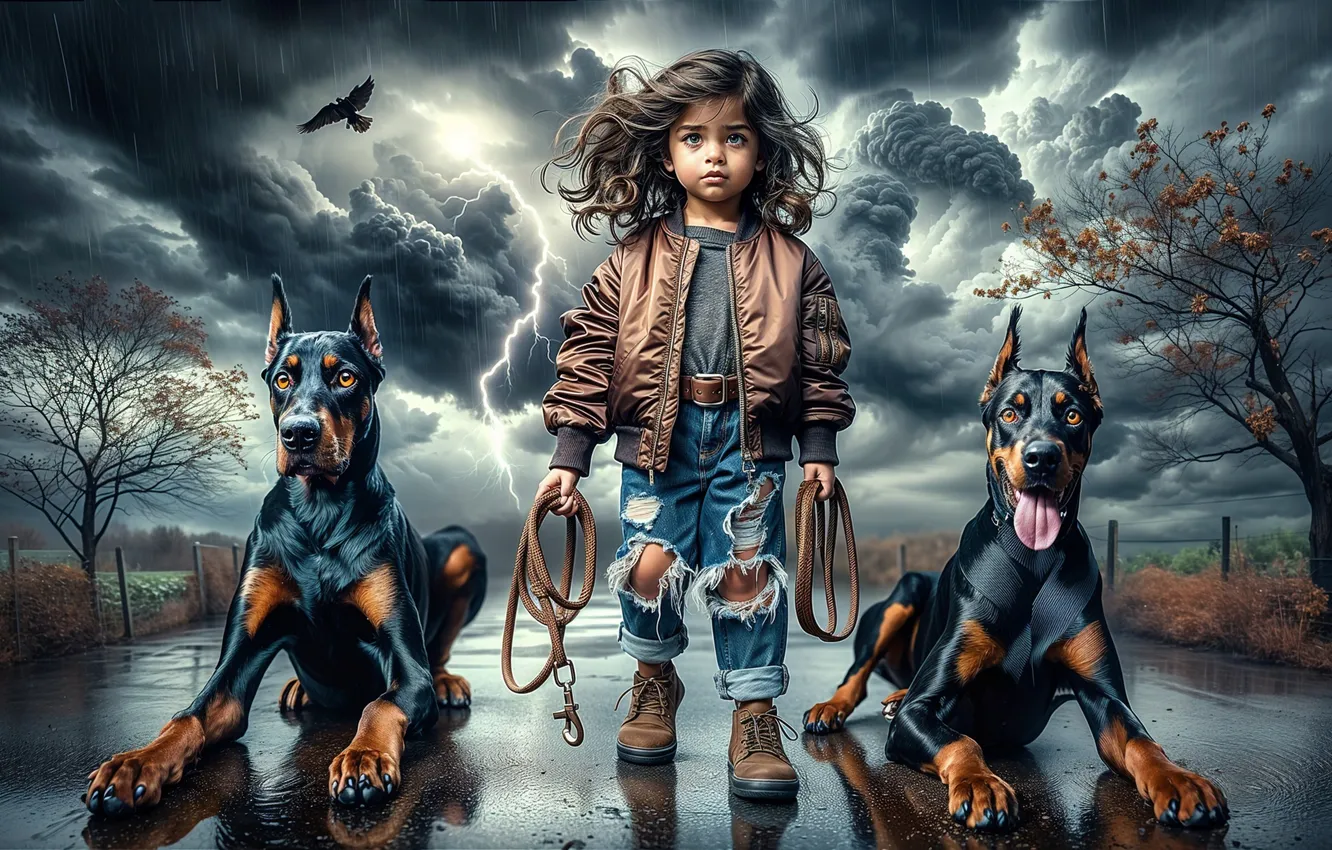 Wallpaper road, clouds, lightning, dog, girl, Doberman, digital art, AI ...