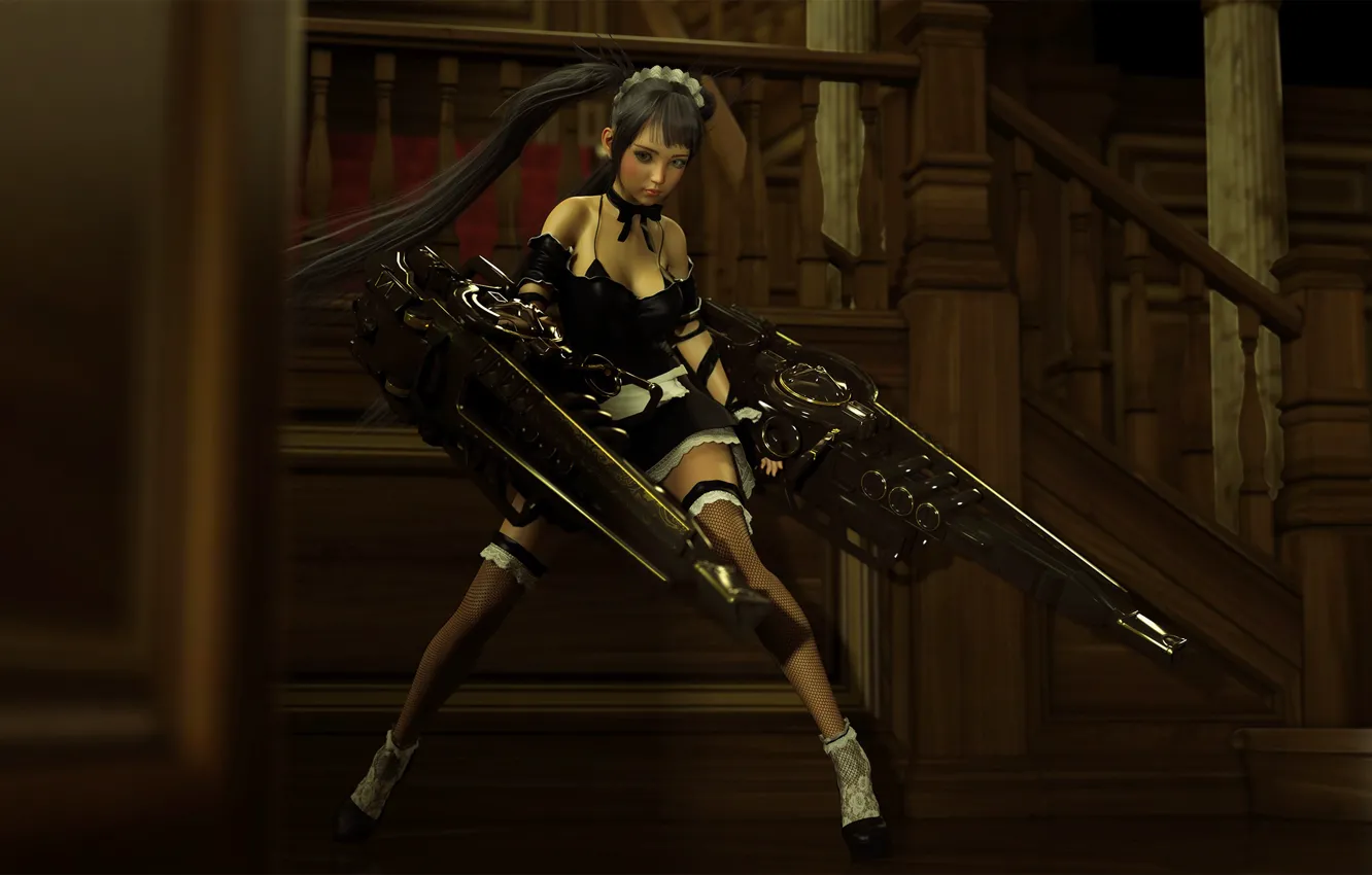 Wallpaper weapon, women, digital art, artwork, maid, maid outfit ...