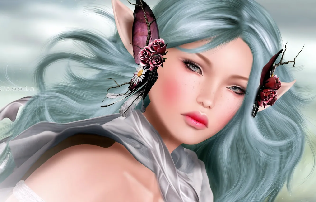 Wallpaper look, girl, flowers, elf, 3D graphics images for desktop ...
