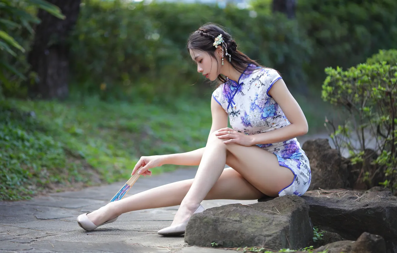 Wallpaper Trees Sexy Pose Park Stones Model Portrait Makeup For