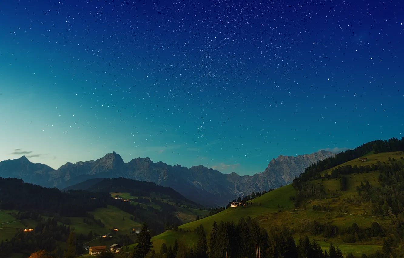 Wallpaper forest, mountains, night, Alps, houses for mobile and desktop ...