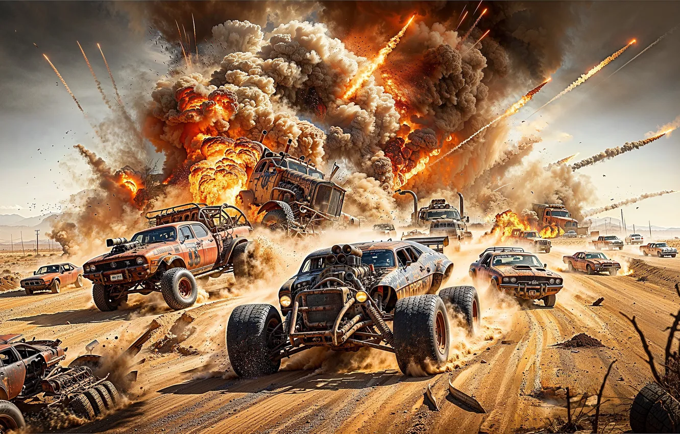 Wallpaper machine, the explosion, lights, desert, smoke, chase, action ...