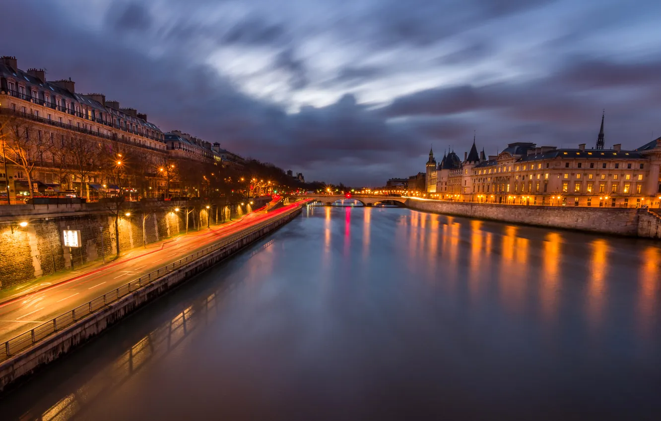 Wallpaper the sky, clouds, night, lights, river, France, Paris, home ...