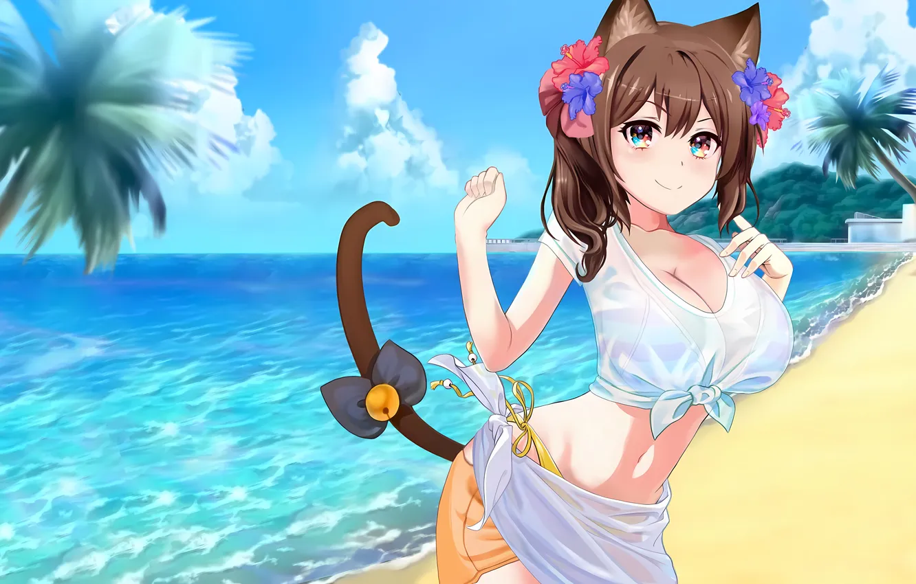 Wallpaper girl, sexy, game, cleavage, beach, sea, boobs, animal ears for mobile and desktop ...