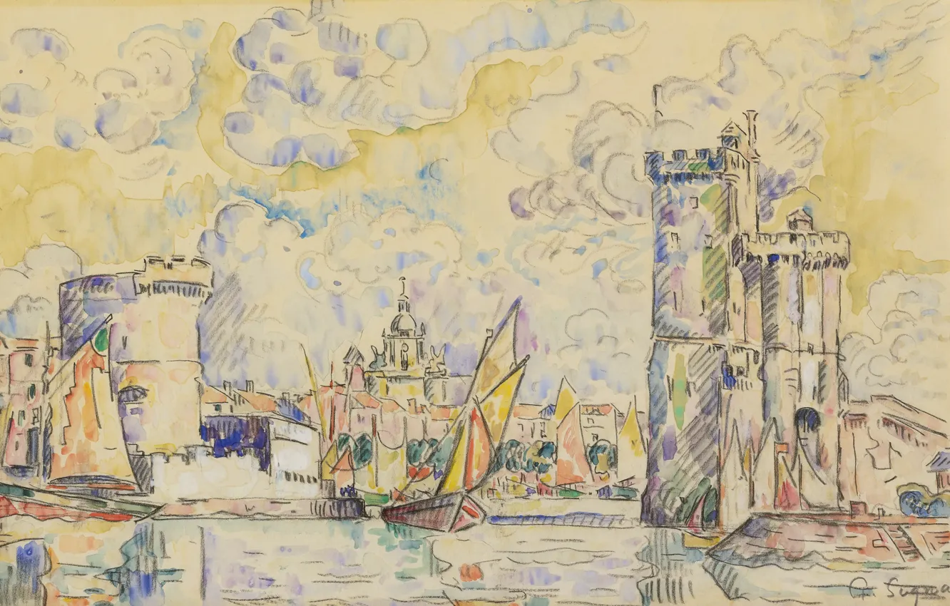 Wallpaper figure, watercolor, Paul Signac, The Port Of La Rochelle ...