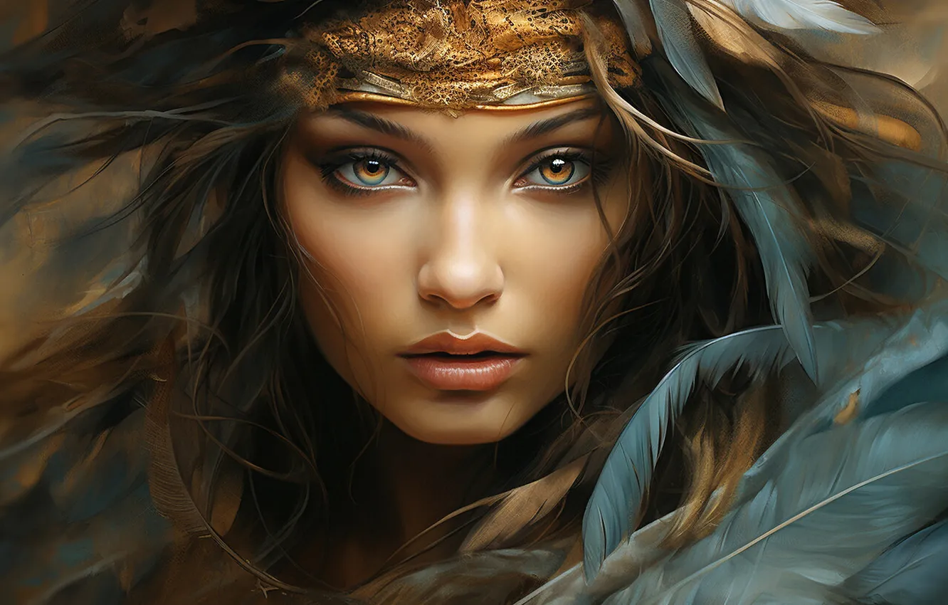 Wallpaper look, girl, face, fantasy, portrait, feathers, makeup ...