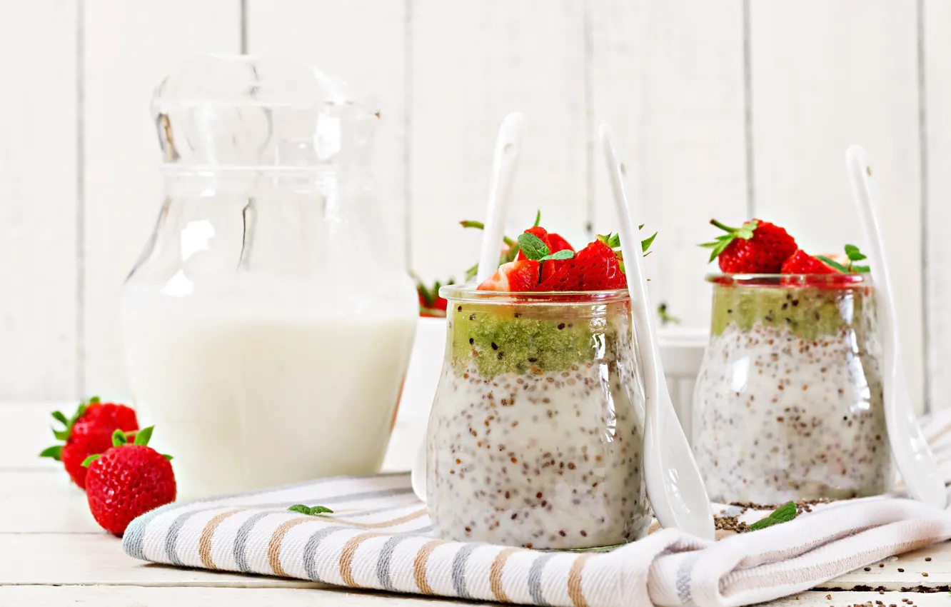 Wallpaper berries, Breakfast, kiwi, strawberry, pudding, Chia, Timolina ...