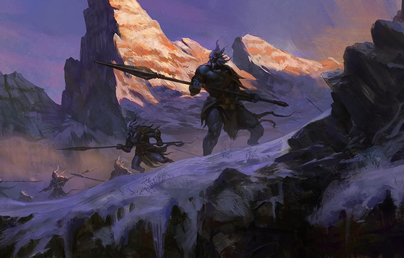 Wallpaper snow, mountains, weapons, art, warriors, clones, Dota 2 ...