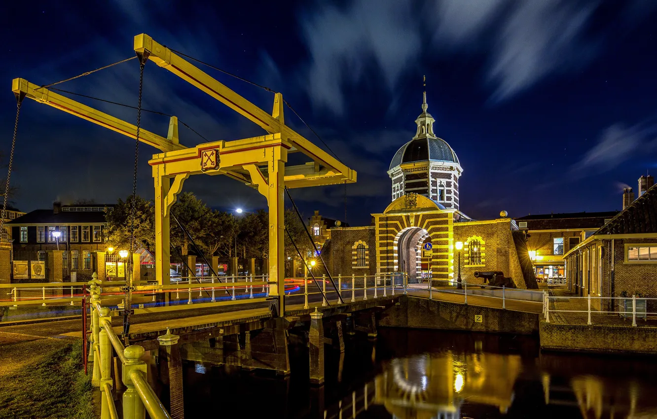 Wallpaper the sky, bridge, river, building, lights, Netherlands ...