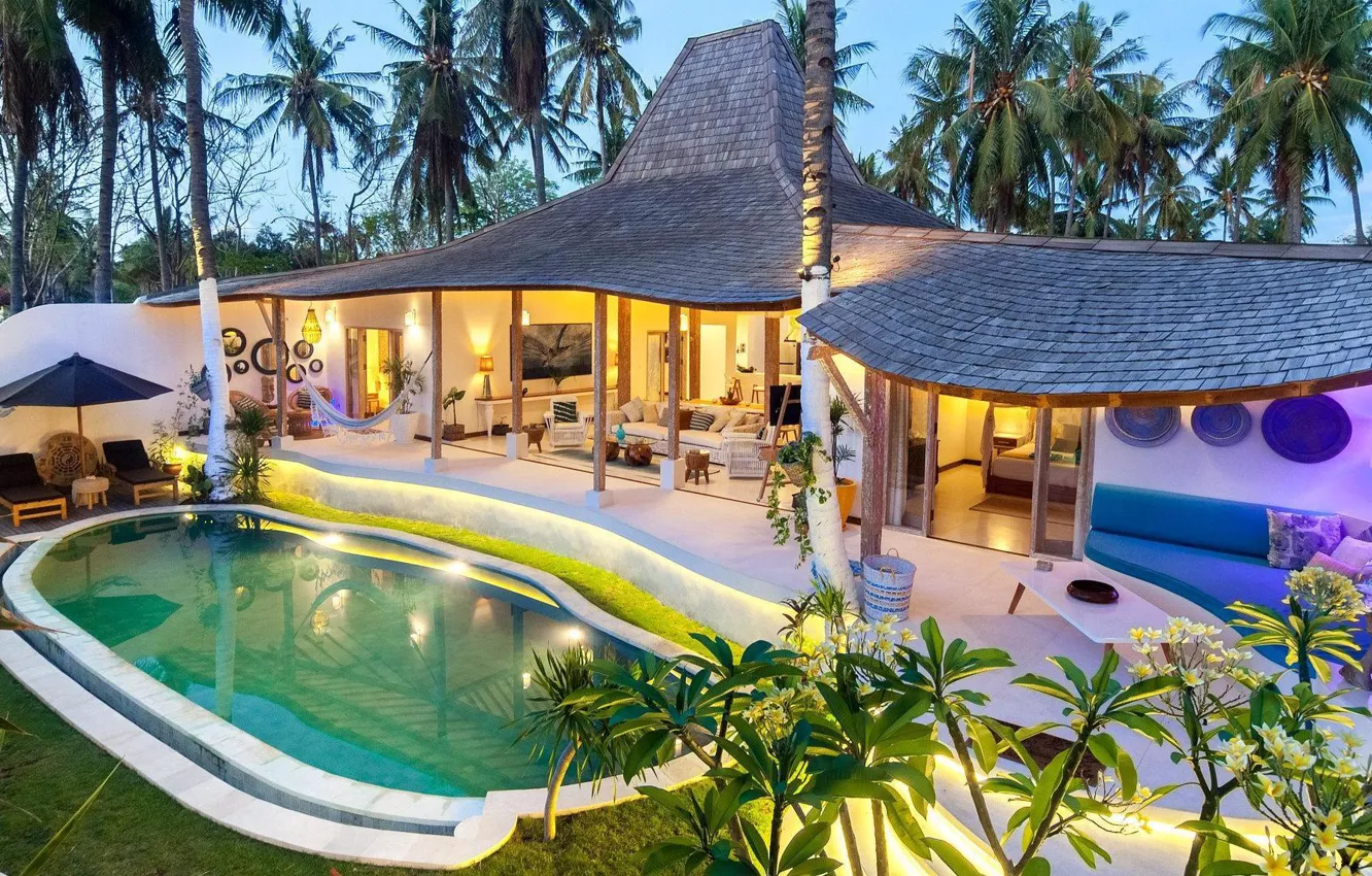 Wallpaper palm trees, Villa, interior, the evening, pool, Indonesia ...