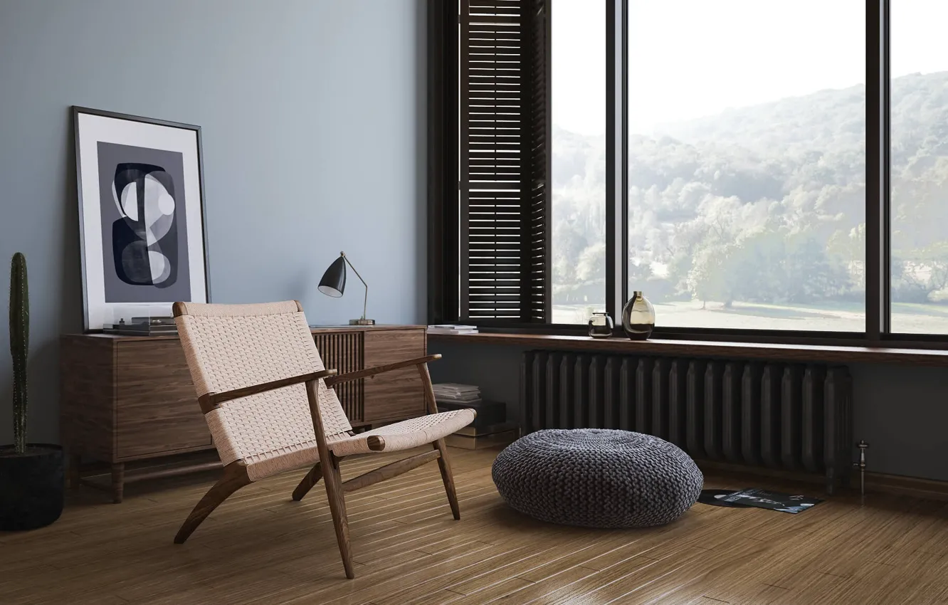 Wallpaper design, style, interior, chair, cactus, living room, poof for ...