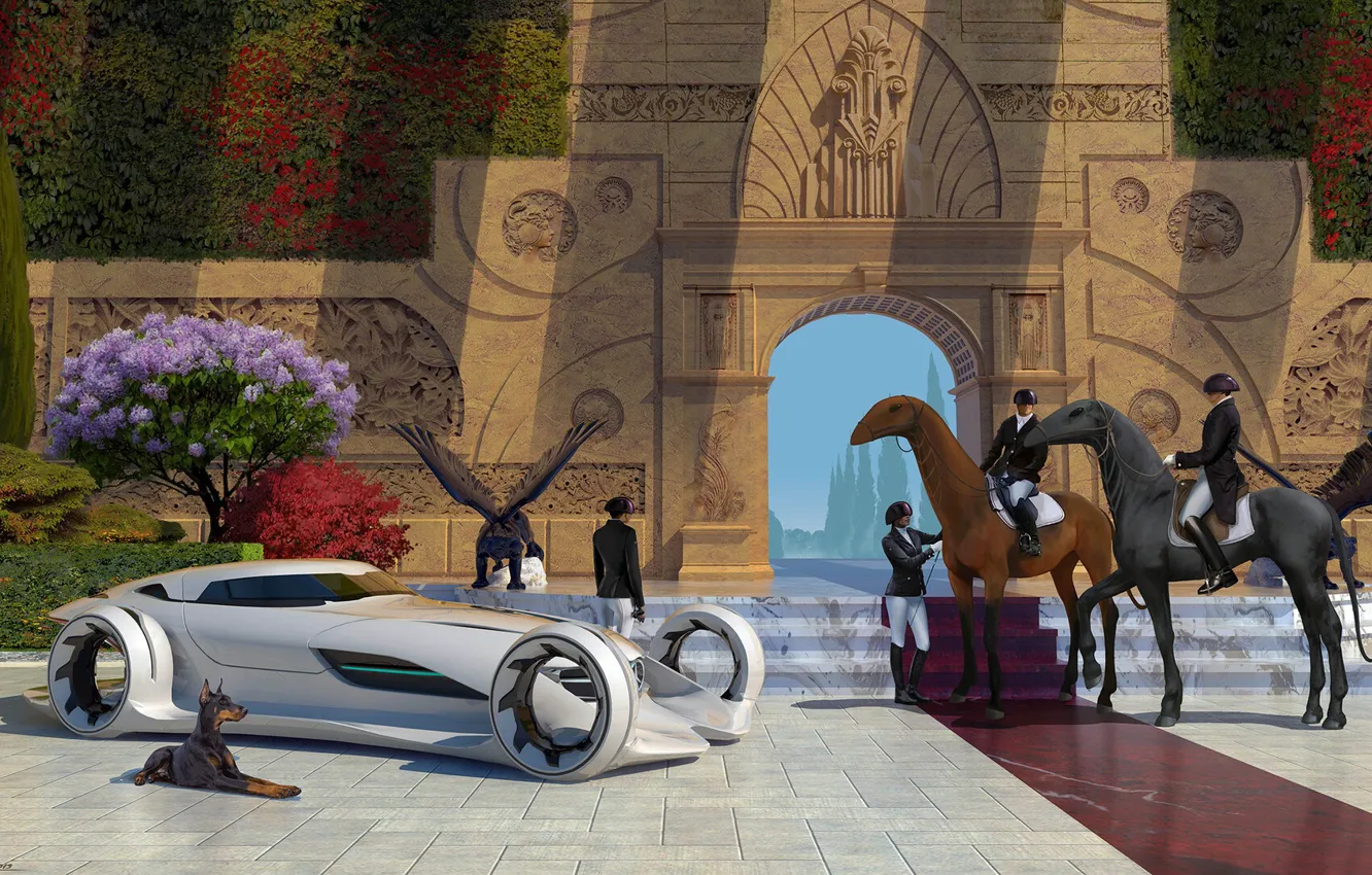 Wallpaper transport, dog, arch, riders, Hypercar images for desktop ...
