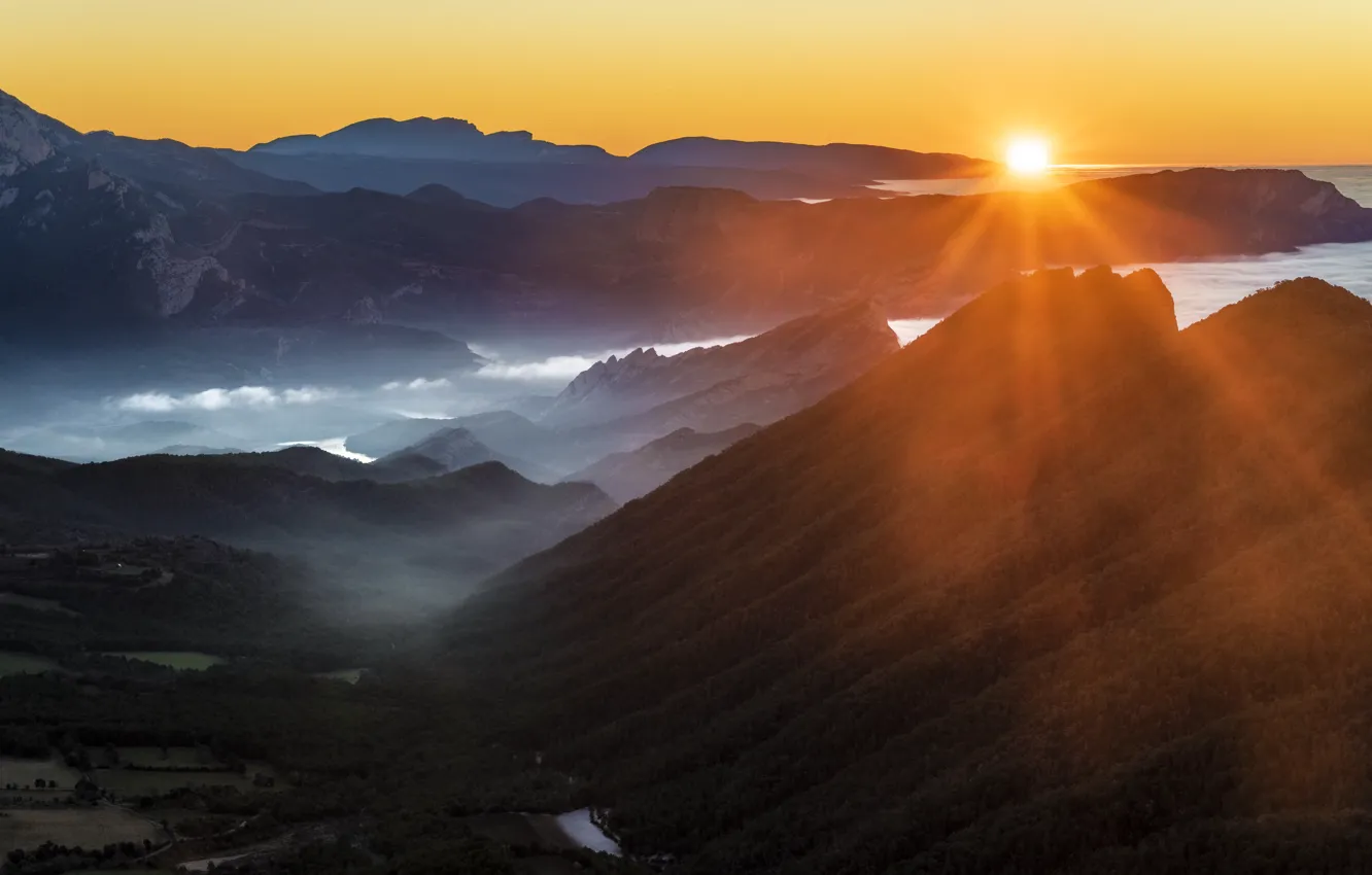 Wallpaper the sun, rays, sunset, mountains, fog, dawn, height, slope ...
