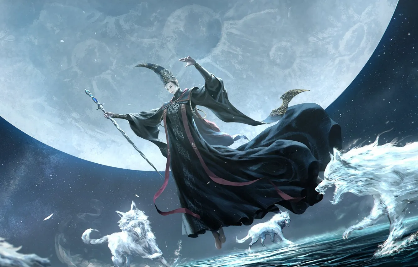 Wallpaper water, girl, magic, the moon, fantasy, wolves, staff, Elden ...