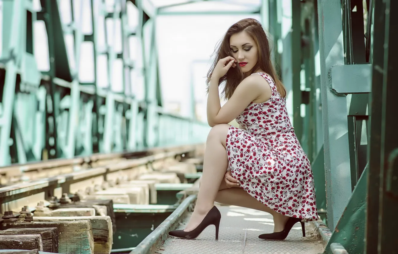 Wallpaper girl, bridge, model, rails, dress, shoes, cutie, Dalia Cuesta ...