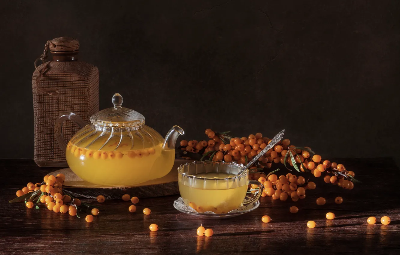 Wallpaper berries, kettle, still life, sea buckthorn, Morse for mobile ...