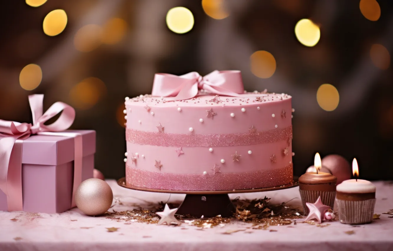 Wallpaper new year, Christmas, cake, pink, cream, dessert, bokeh, AI ...