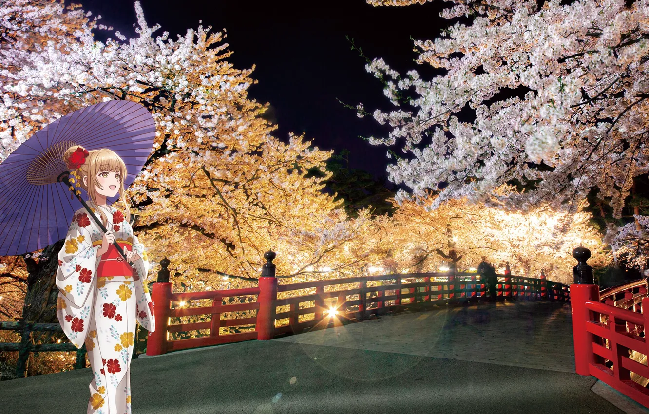 Wallpaper girl, night, bridge, Sakura, flowering, traditional clothing ...