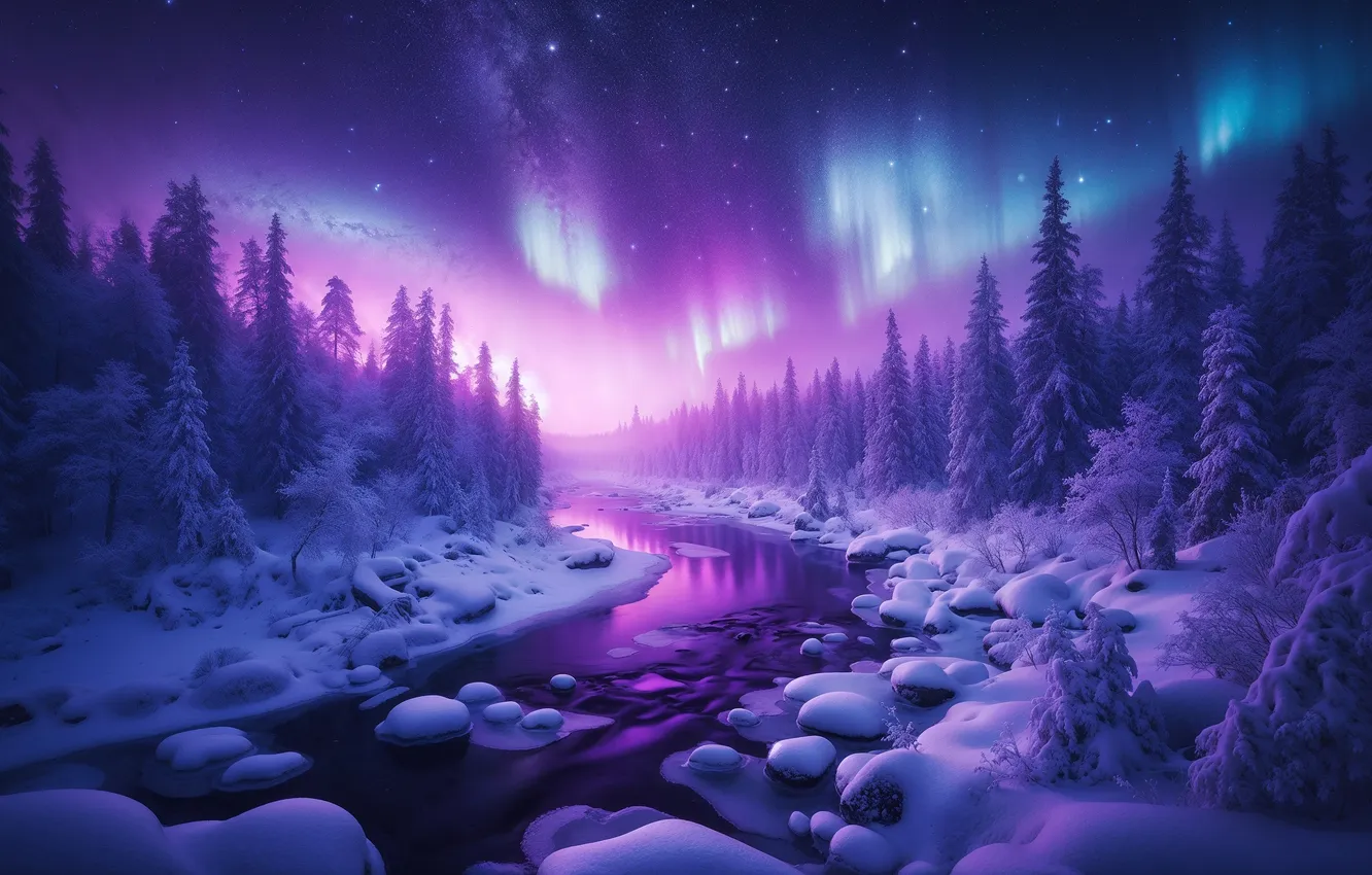 Wallpaper purple, landscape, river, Northern lights, Neuroart, AI ART ...