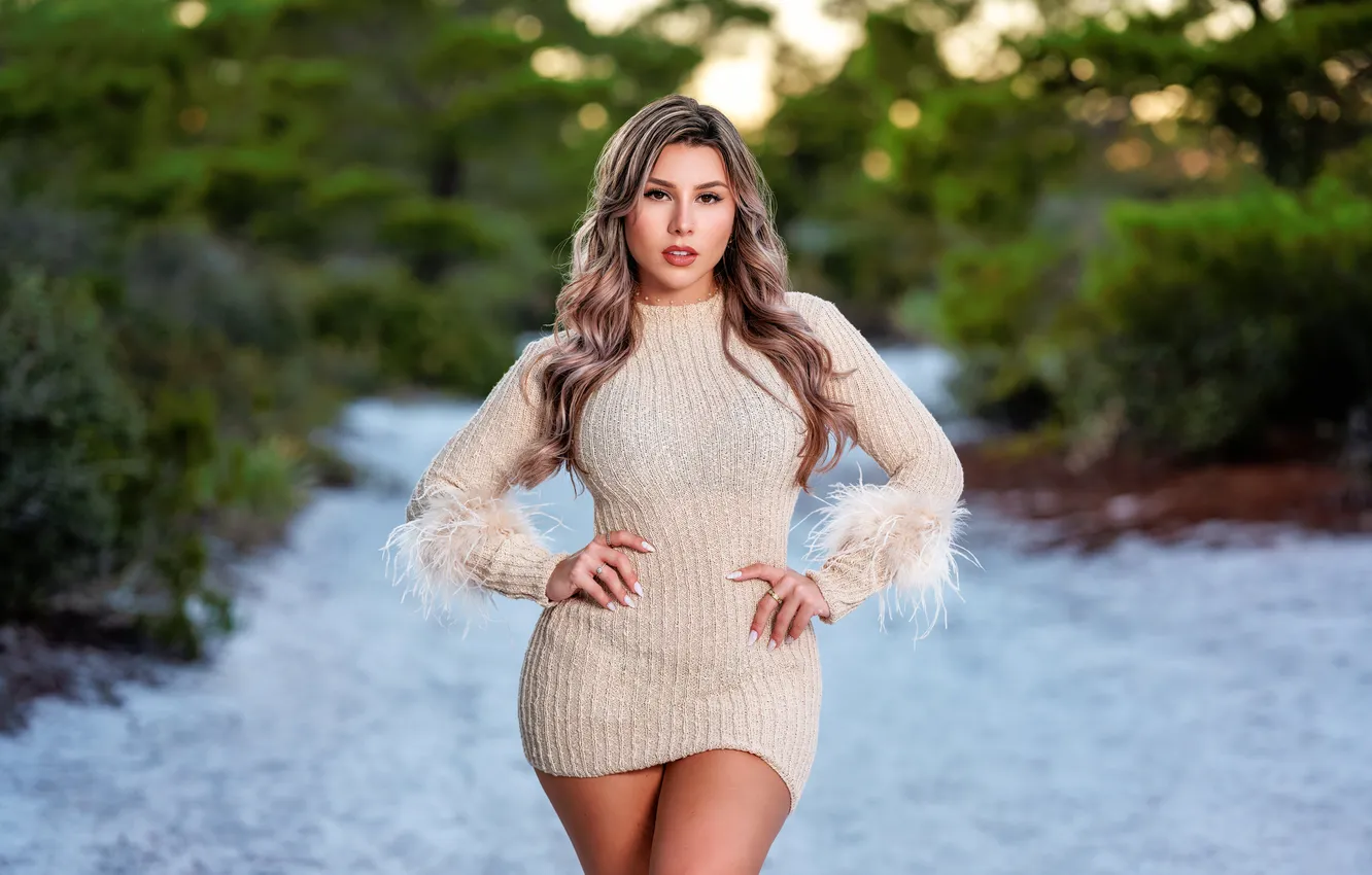 Wallpaper girl, pose, hands, figure, long hair, sweater, Christopher ...