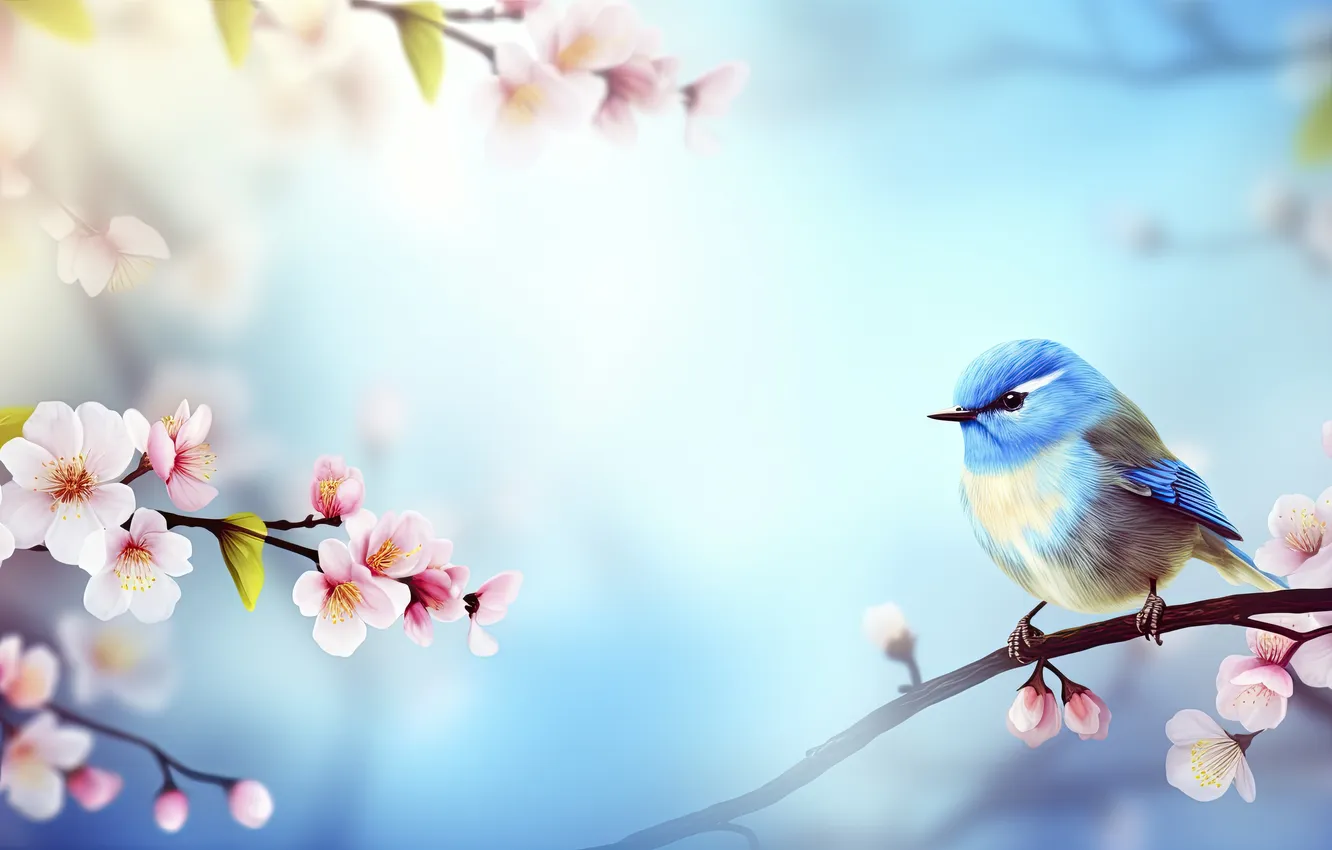 Wallpaper look, flowers, branches, blue, bird, spring, white background ...