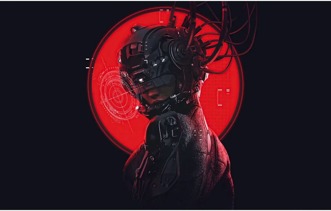 Wallpaper girl, helmet, black background, sensors, digital art ...