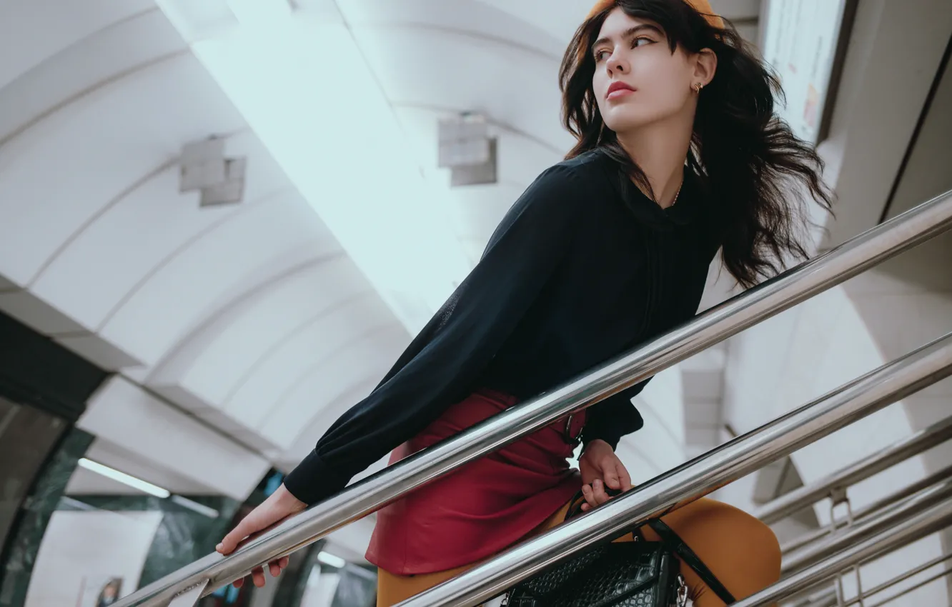 Wallpaper girl, pose, hair, brunette, railings, takes, Andrey Popenko ...