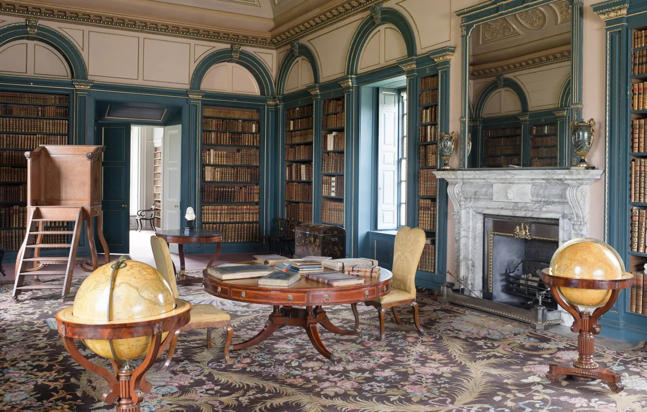 Wallpaper castle, interior, fireplace, library, England, North Somerset ...