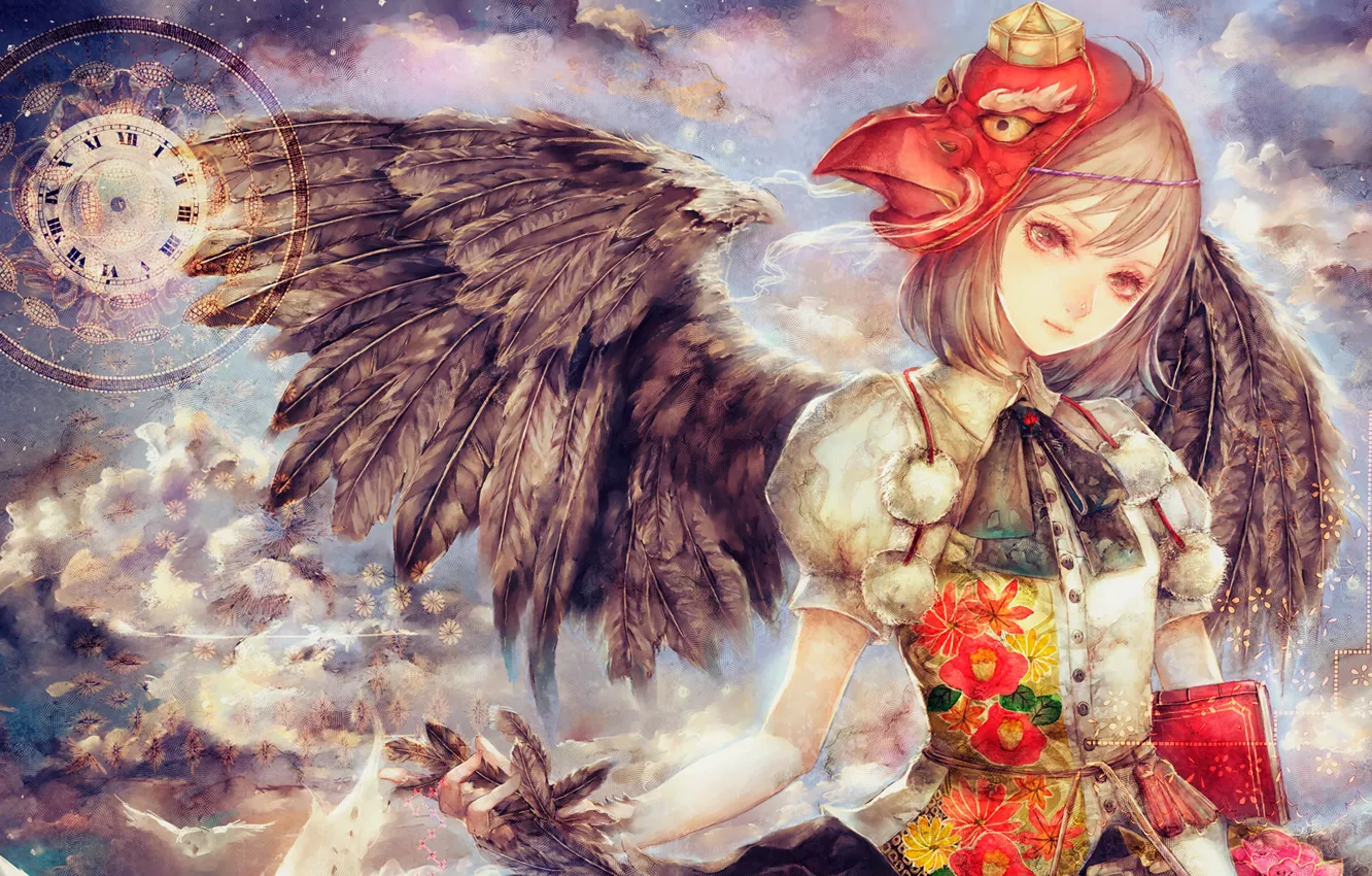 Wallpaper feathers, mask, book, Aya Shameimaru, black wings, cloudy sky ...