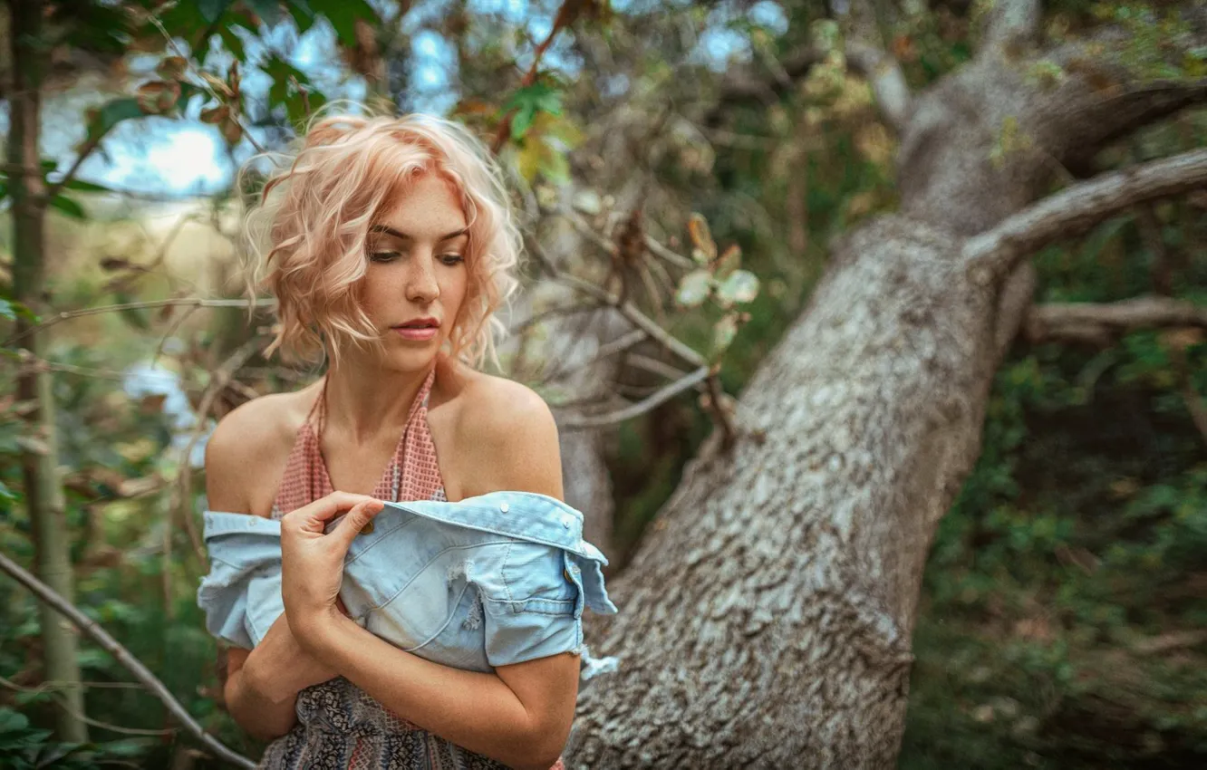 Wallpaper trees, pose, blonde, curls, bokeh, Stephanos Georgiou, Daisy ...