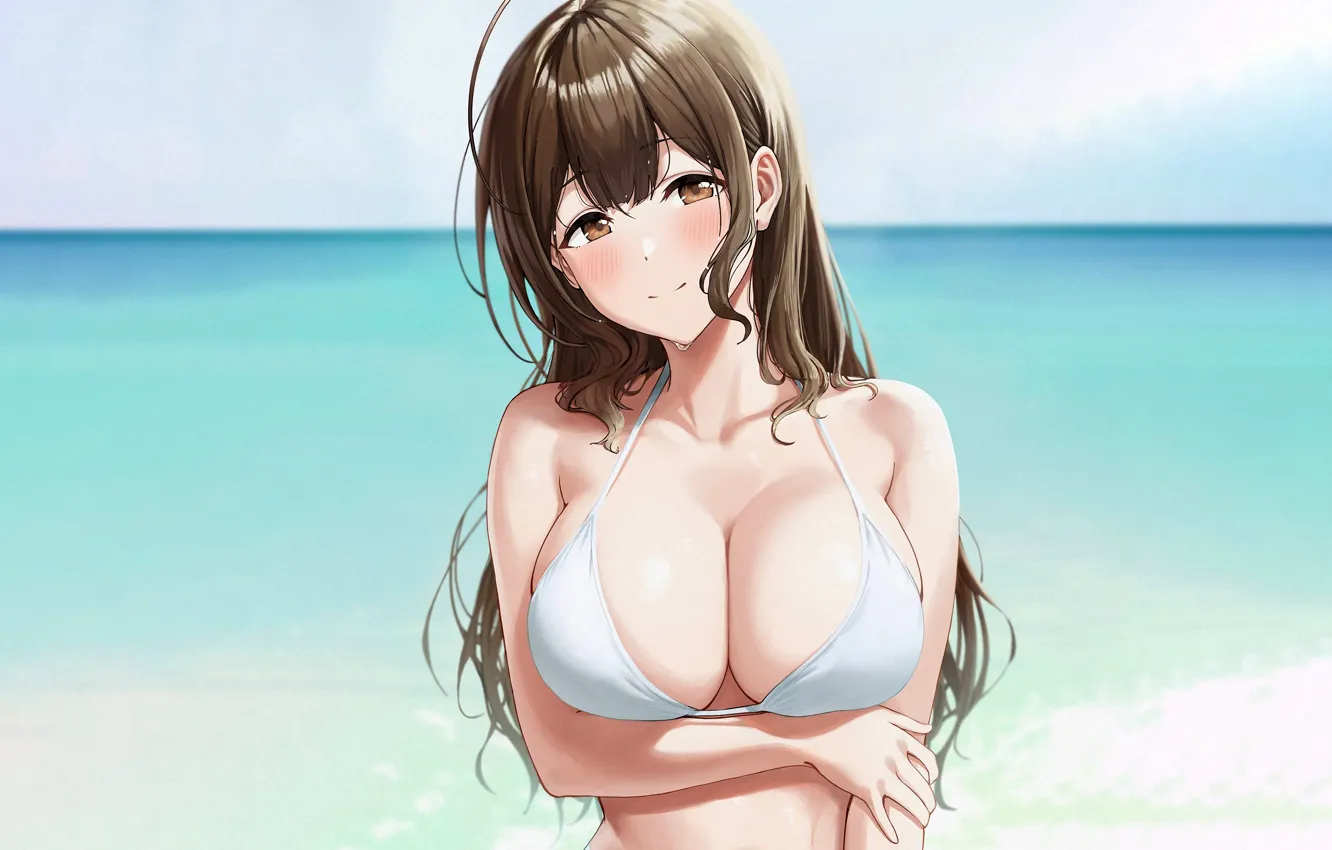 Wallpaper girl, sexy, wet, cleavage, long hair, sea, brown hair, brown eyes for mobile and ...