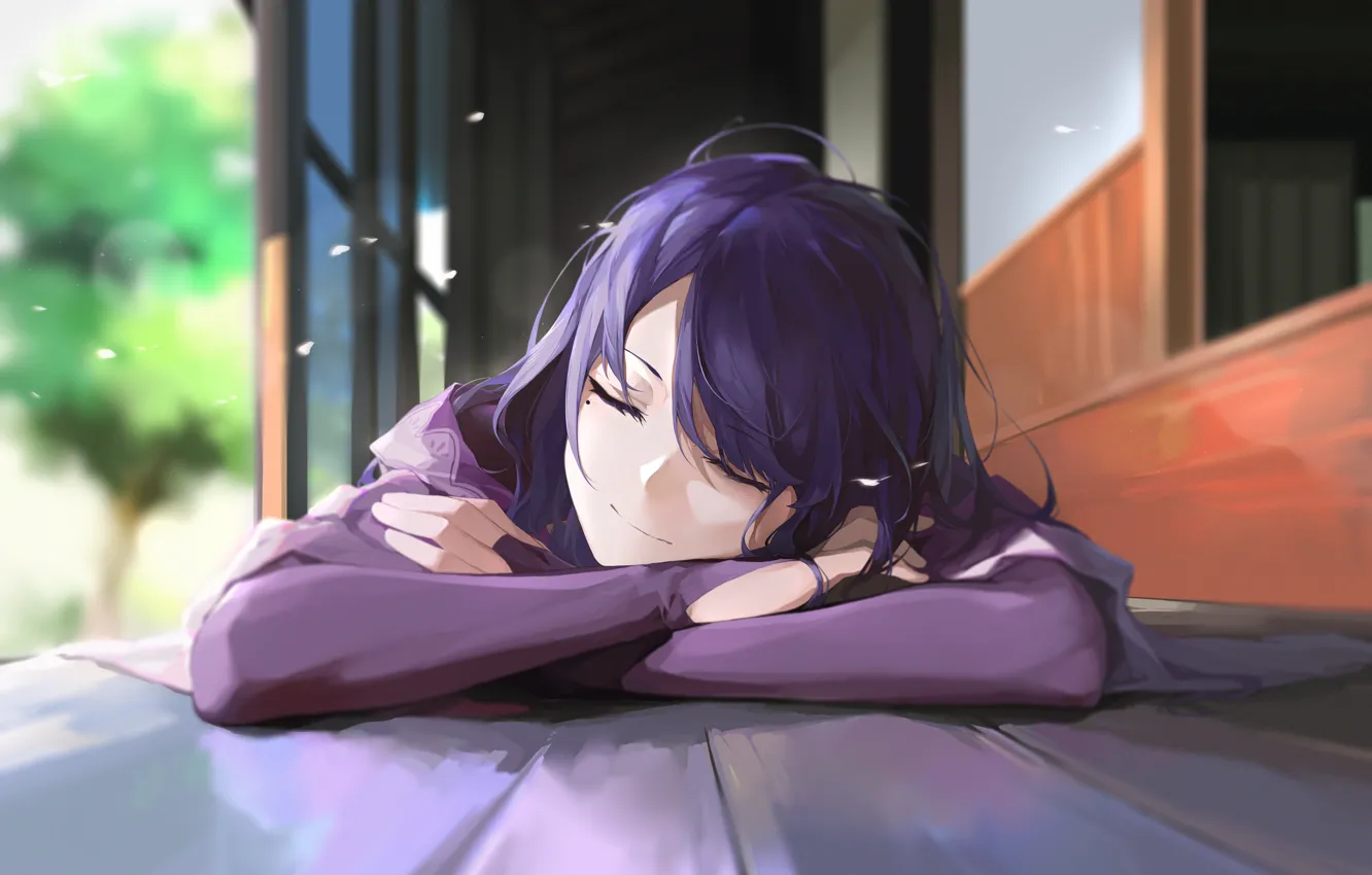 Wallpaper girl, table, sleeping, veranda, Genshin Impact, Raiden Shogun ...