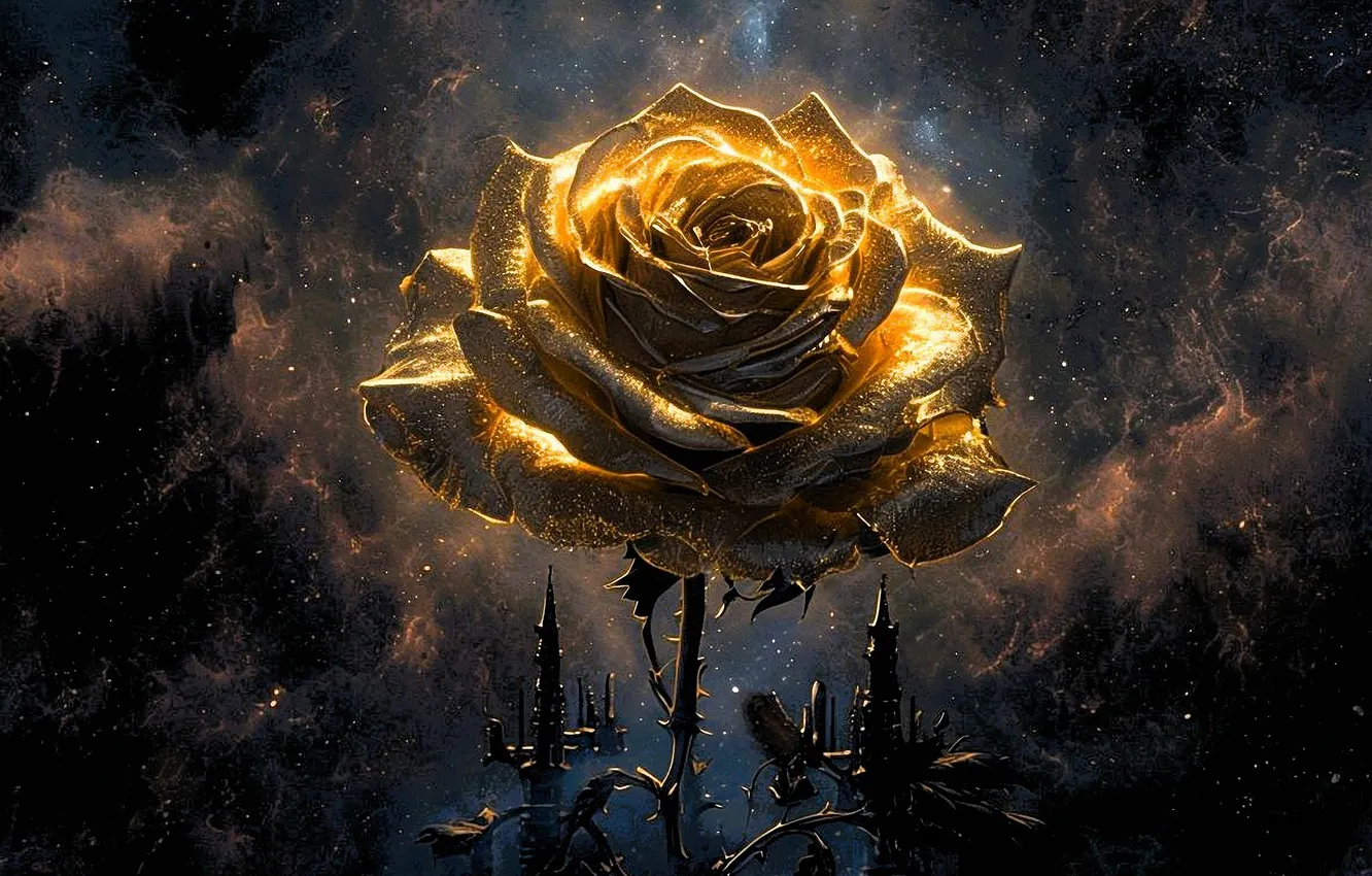Wallpaper flowers, gold, haze, digital art, Golden rose, digital art ...