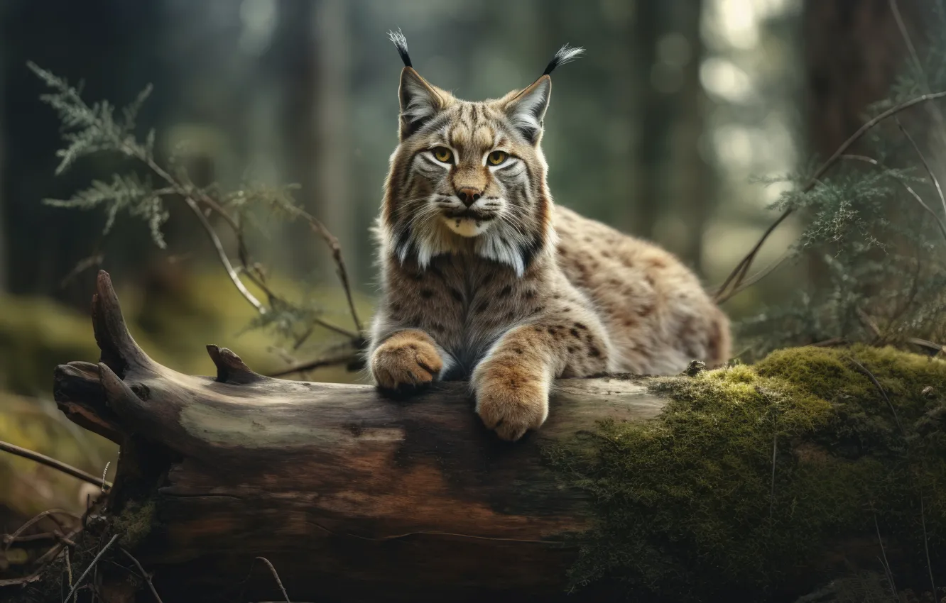 Wallpaper look, nature, lies, log, lynx, face, AI art, neural network ...