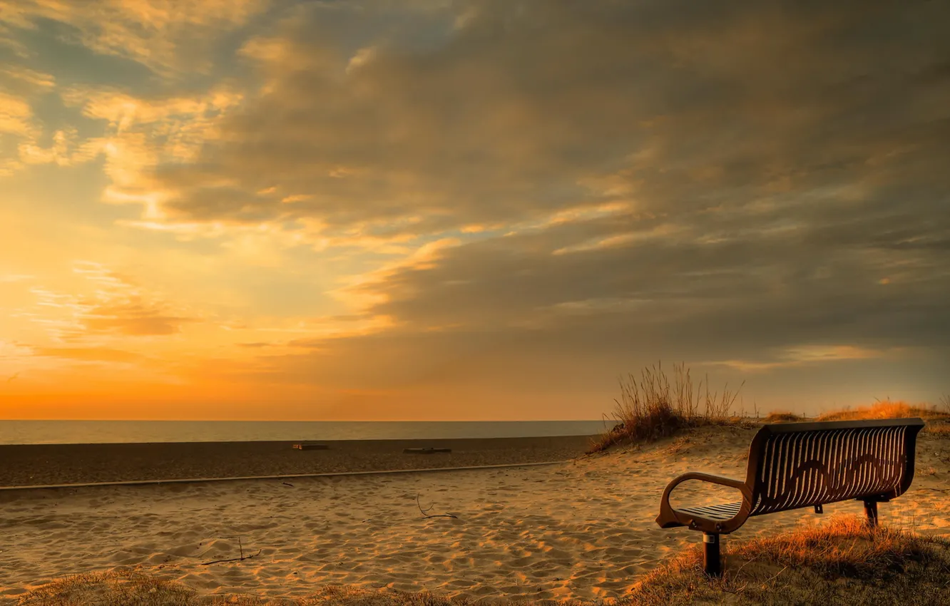 Wallpaper sea, landscape, sunset, bench for mobile and desktop, section ...