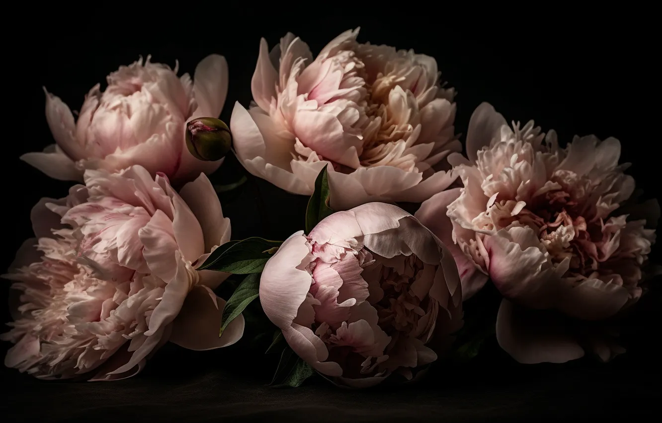 Wallpaper flowers, the dark background, bouquet, spring, pink, peonies ...