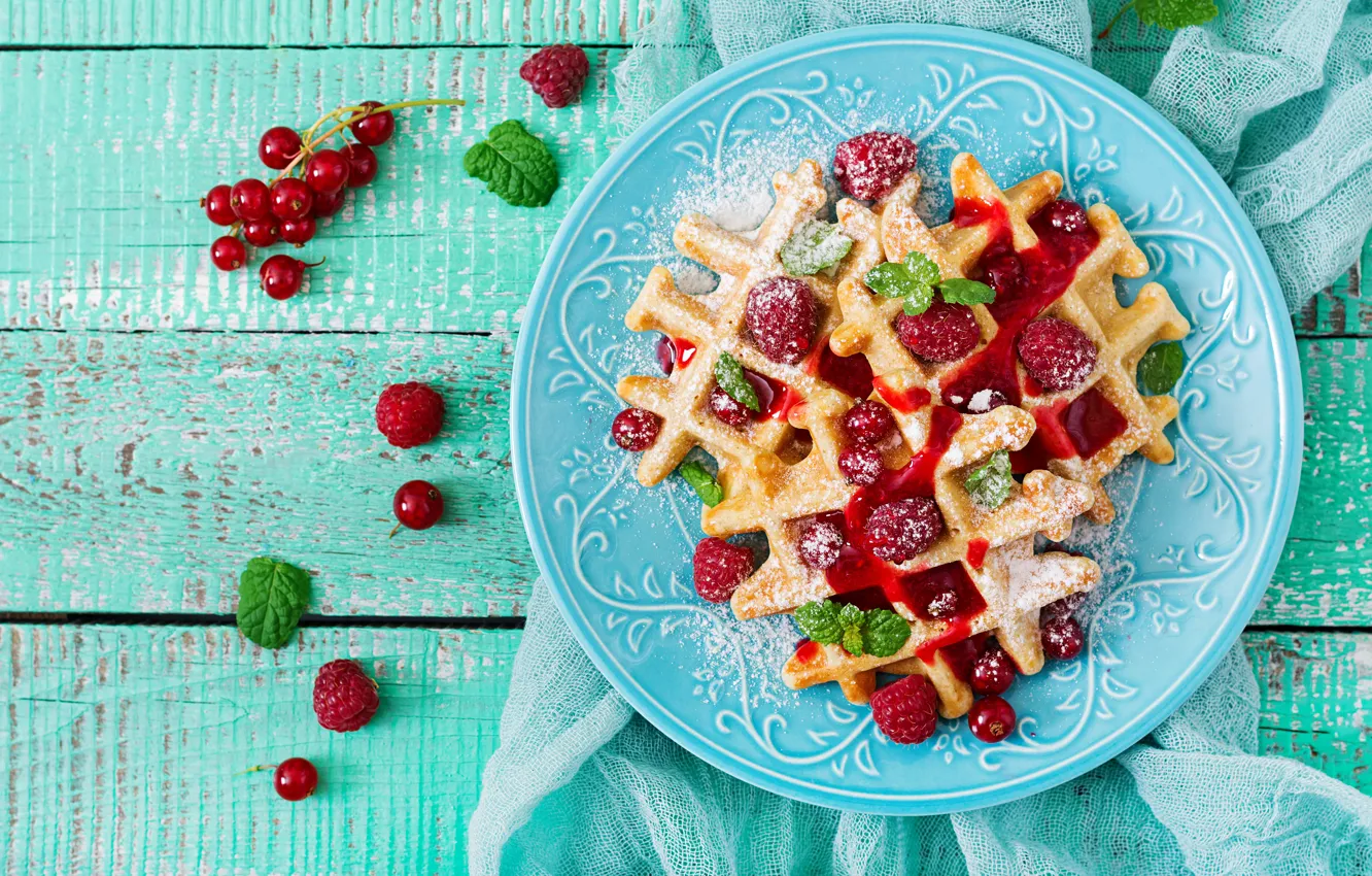 Wallpaper berries, raspberry, plate, fresh, wood, waffles, berries ...